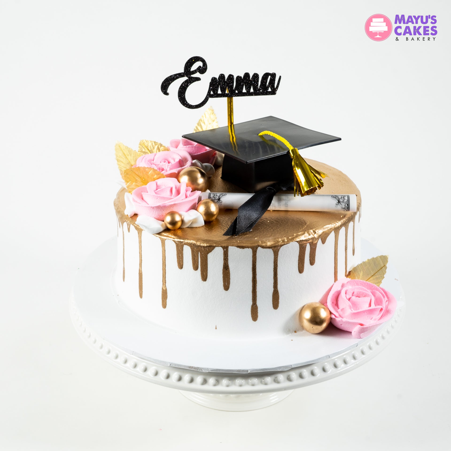 Flowers & Gold Graduation Cake – Mayu's Cakes & Bakery