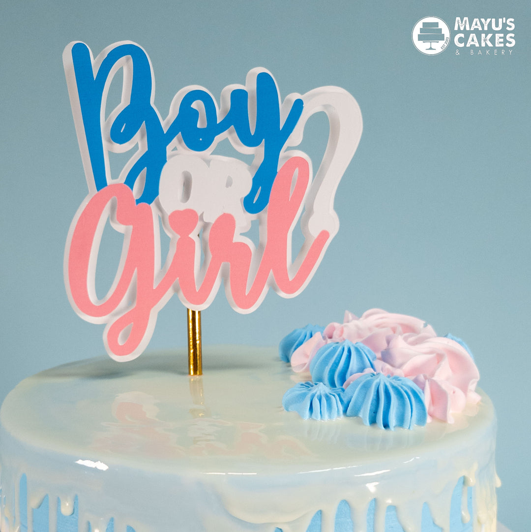 Blue, Pink & Dripping Gender Reveal Cake – Mayu's Cakes & Bakery
