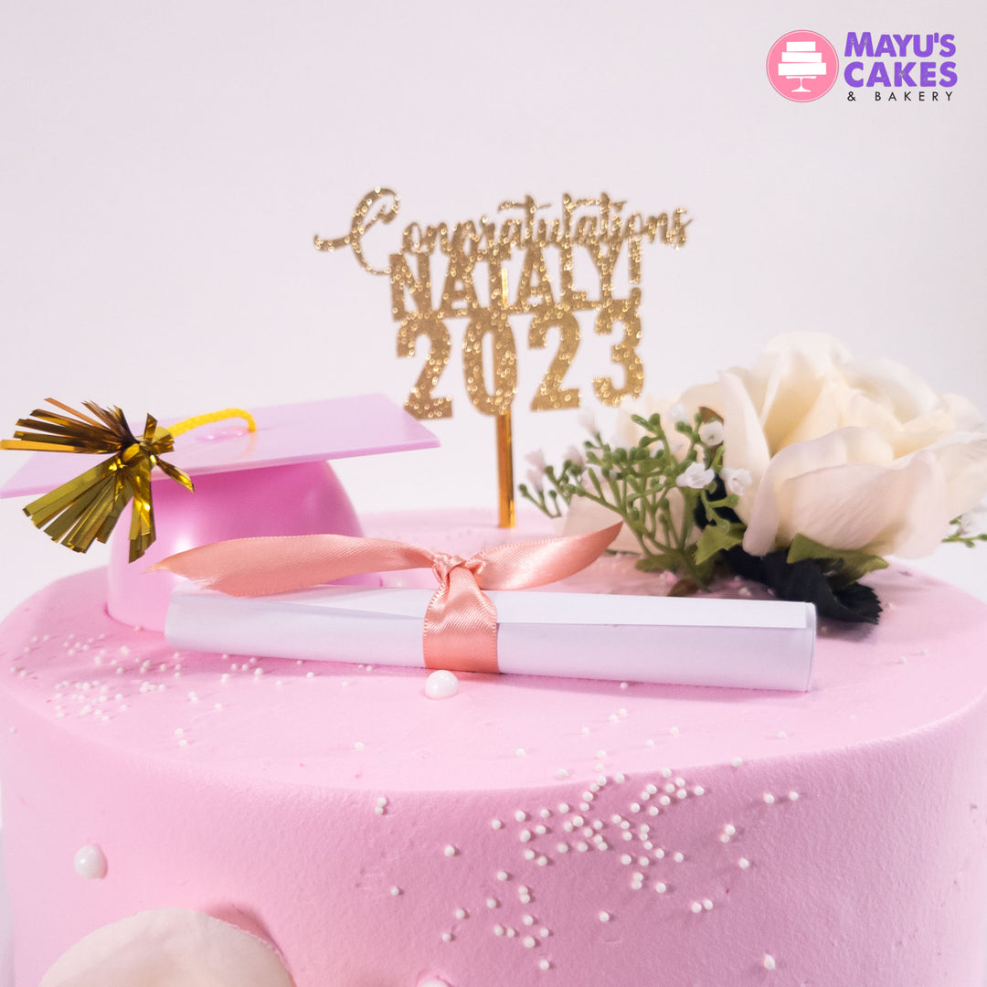 Pink & Flowers Graduation Cake – Mayu's Cakes & Bakery
